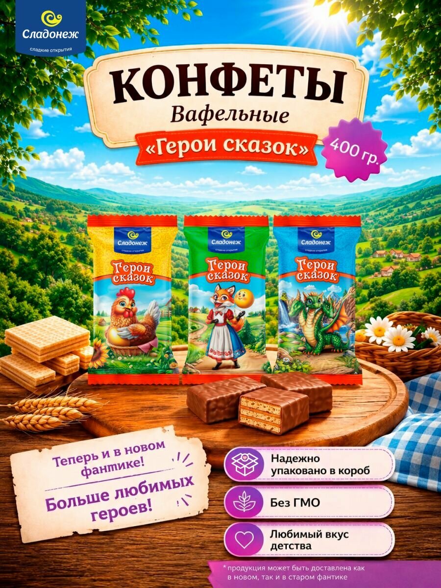 Конфеты шоколадные вафельные "Герои сказок" 400 гр Вафли с молочной начинкой в глазури Сладонеж Сладости