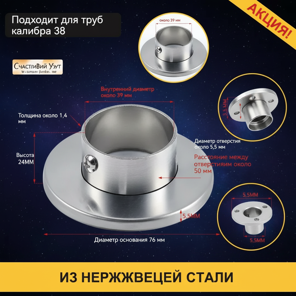 Фланец для трубы 38 мм, 2 шт, нержавеющая сталь, крепление для стойки, опора для трубы, фланцевая муфта