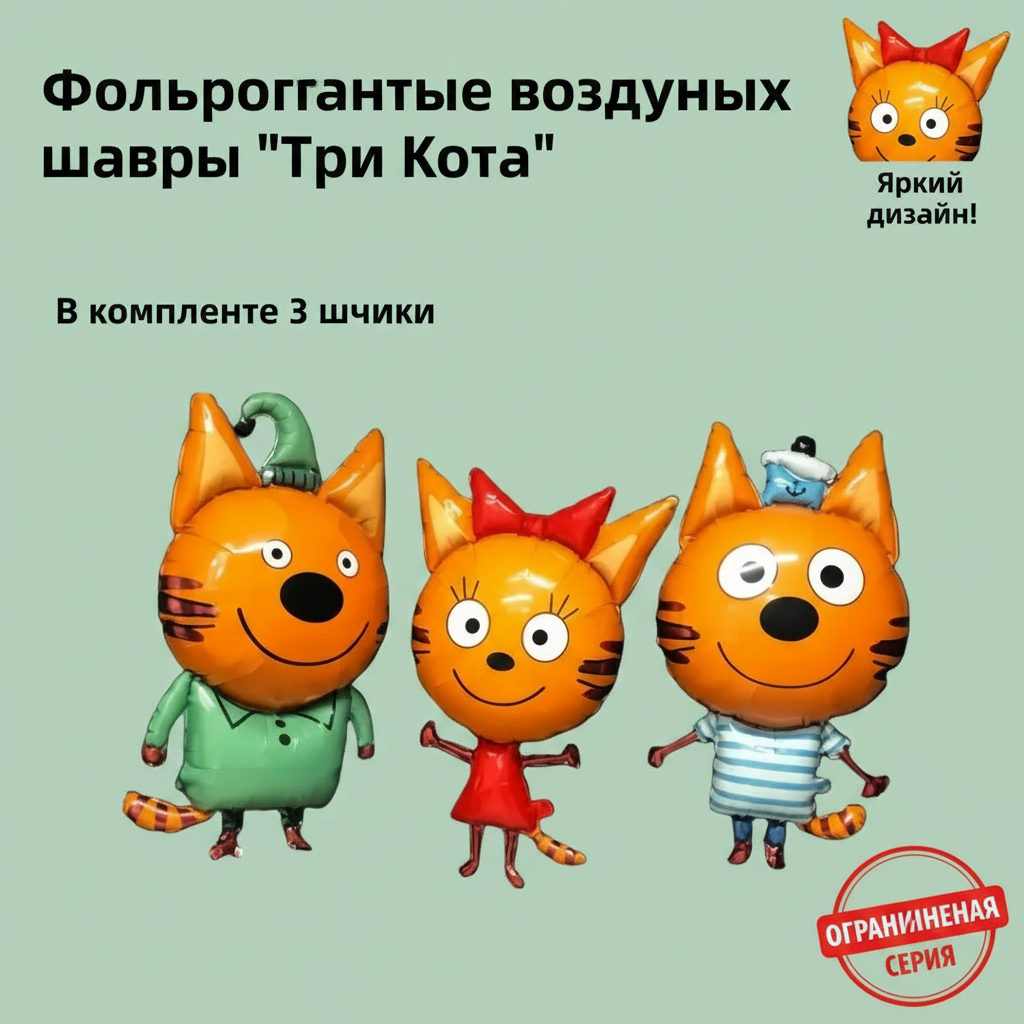 Набор воздушных шариков из алюминиевой фольги "три кота" из 3 частей