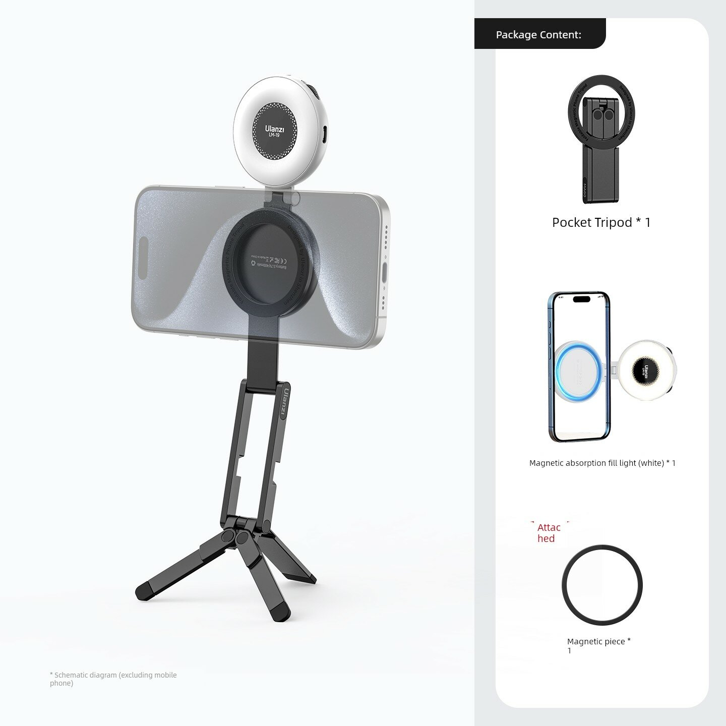Ulanzi MA60 компактный штатив с магнитной светодиодной лампой LM19 для iPhone и Android - магнитная система поддержки