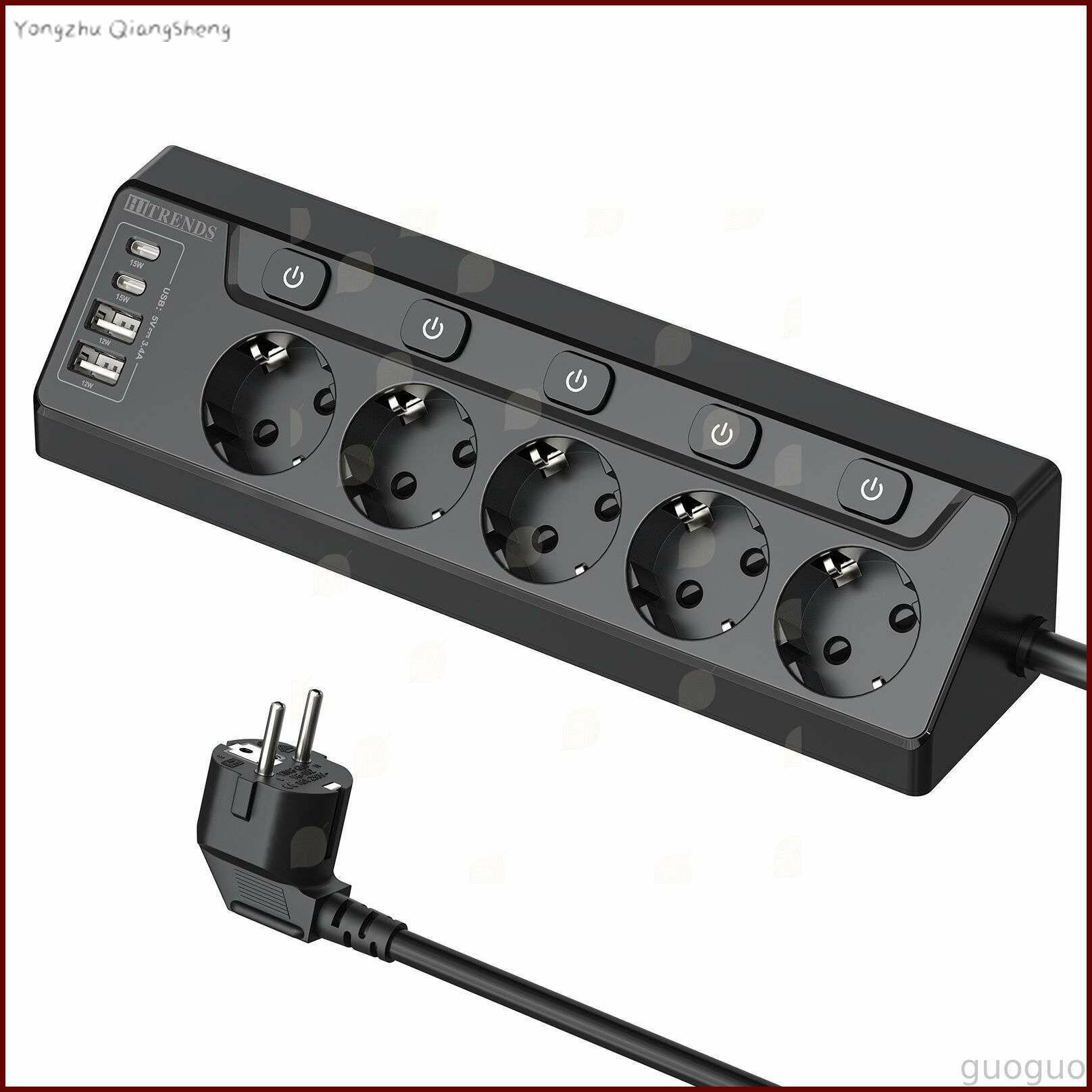 HITRENDS Удлинитель с 5 розетками и 2 USB + 2 Type-C (быстрая зарядка), индивидуальные выключатели, защита от перегрузки, 4000W 16A 250V, огнестойкий и пылезащитный