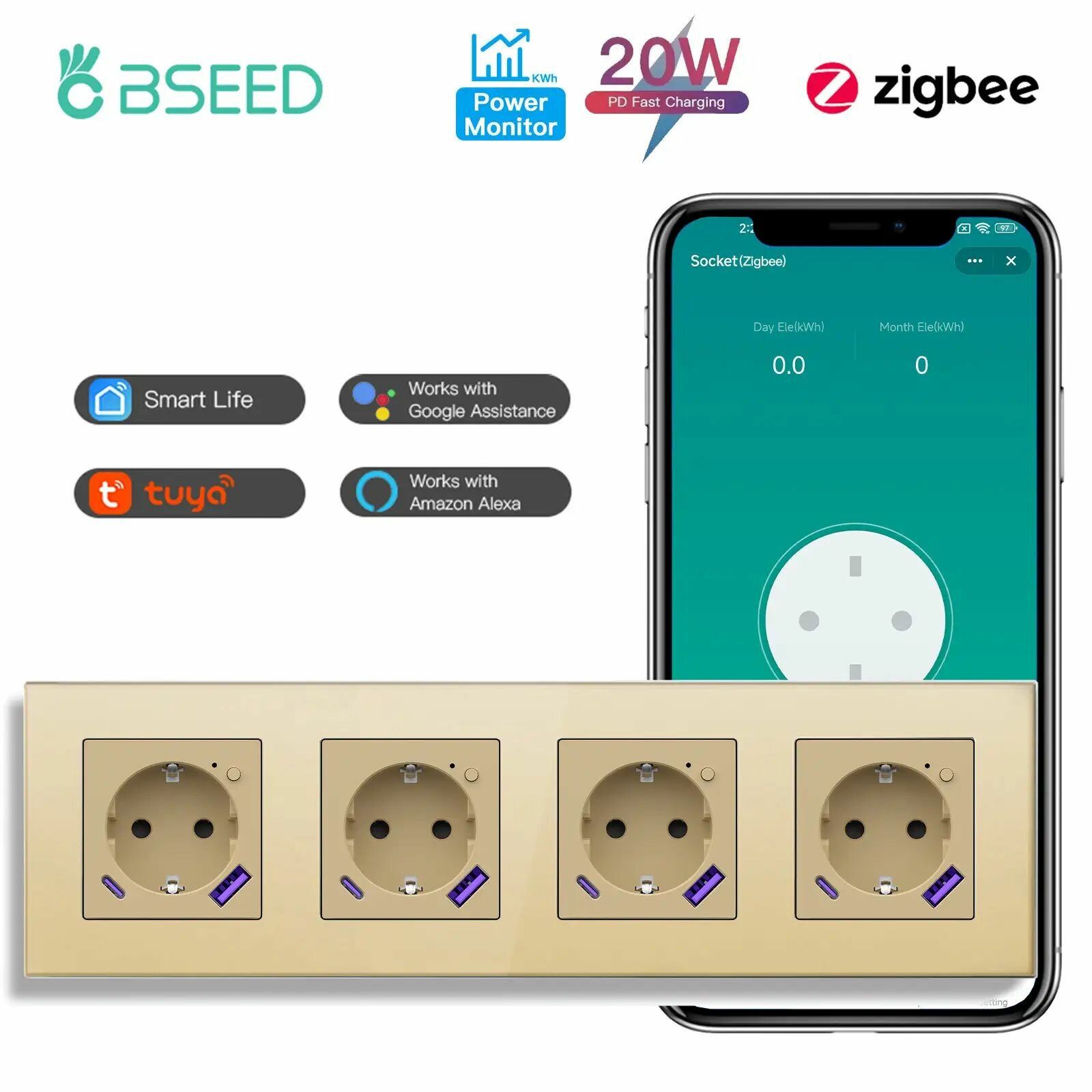 Умная ZIGBEE-розетка с быстрой зарядки 20 Вт через USB и Type-C мониторинг потребления, серия E-TOUCH, стеклянная рамка