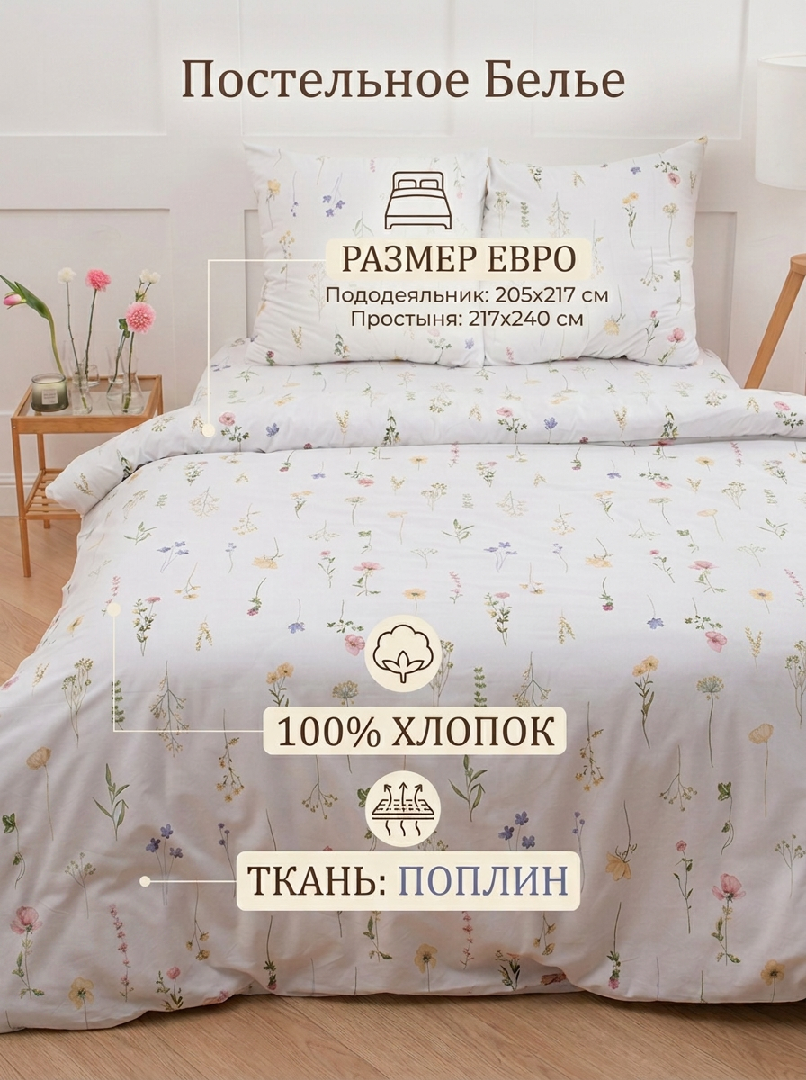 КПБ Simple life евро, поплин, 100% хлопок, пл.110 гр./кв. м Ботанический сад