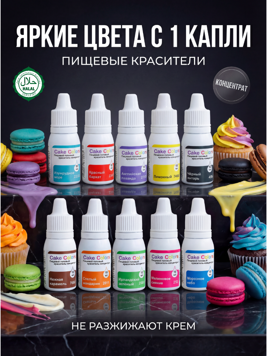 Набор гелевых пищевых красителей для торта и крема Cake Colors, 10 шт по 10 мл