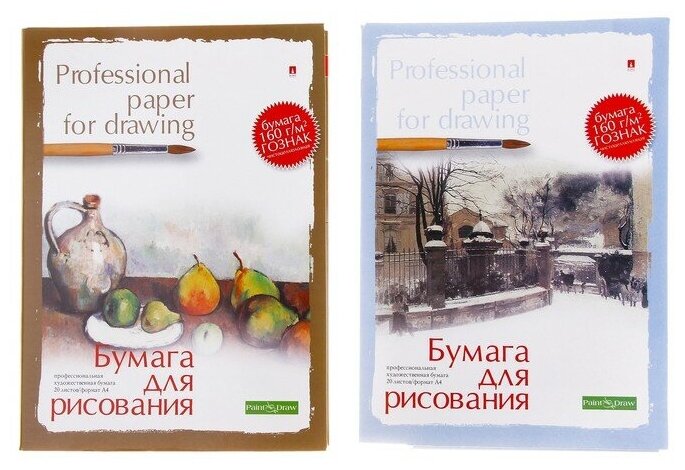 Папка для рисования А4, 20 листов "Профессиональная серия", блок 150 г/м2, гознак, микс, 1шт.