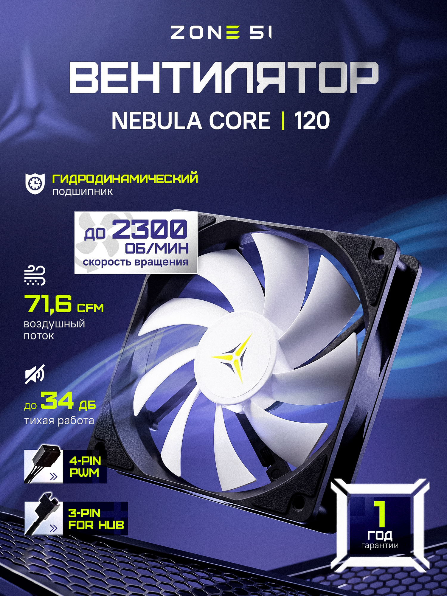 Вентилятор для компьютера ZONE 51 NEBULA CORE 120 Black&White, черно-белый