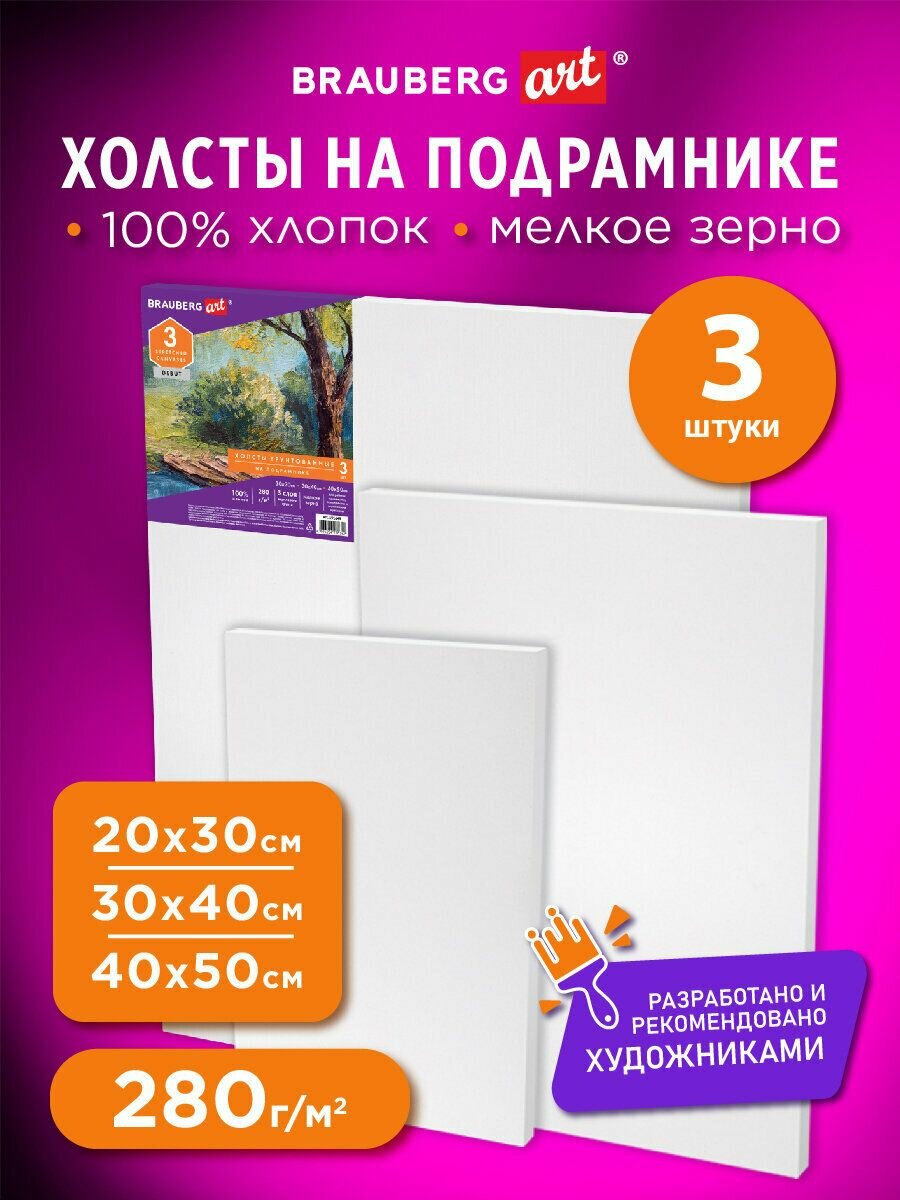 Холст / полотно на подрамнике для рисования Brauberg Art Debut, Набор 3штук, 280г/м, грунт, 100% хлопок, мелкое зерно для живописи грунтованный холст хлопковый холст мелкозернистый холст