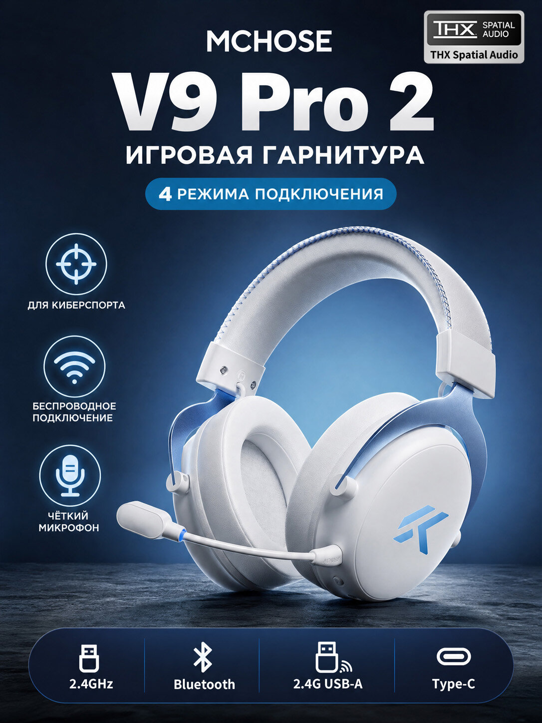 Игровая гарнитура MCHOSE V9 Pro 2, четыре режима подключения, беспроводная Bluetooth 2,4G, проводная, наушники накладные с микрофоном для ПК