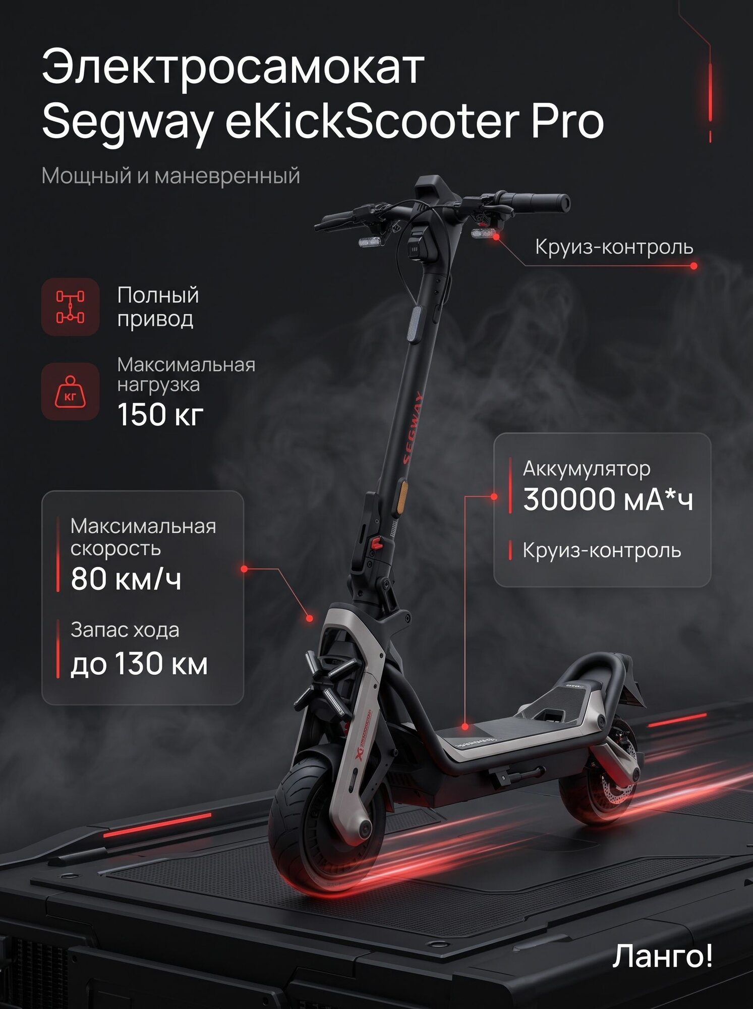 Электросамокат Segway eKickScooter GT3 Pro, до 150 кг, 80 км/ч, 30000 мА*ч, запас хода до 130 км, черный