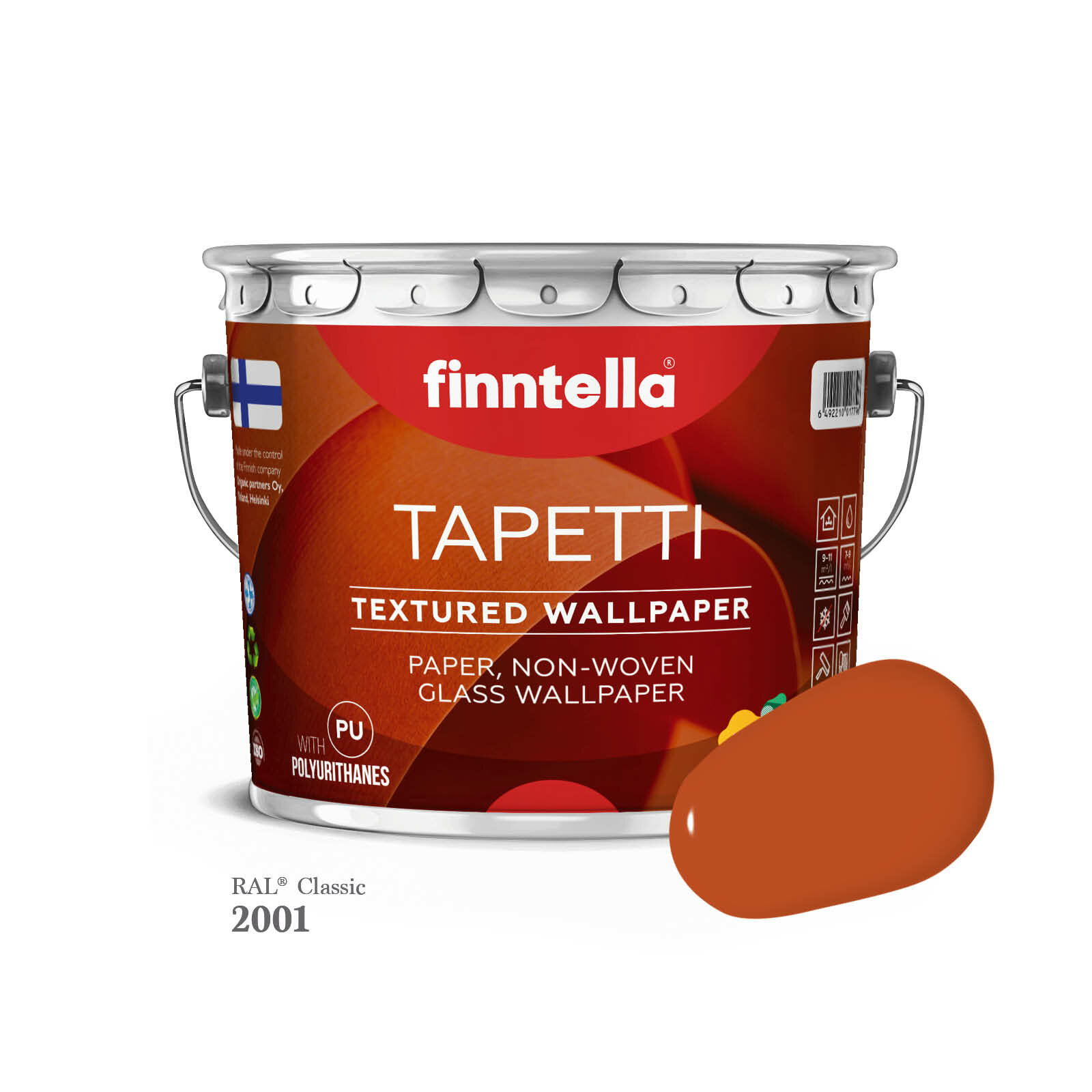 Шелковисто-матовая краска для обоев под окраску TAPETTI SILKKI Matta FINNTELLA, Цвет RAL 2001 Красно-оранжевый (Red orange), 2,7л