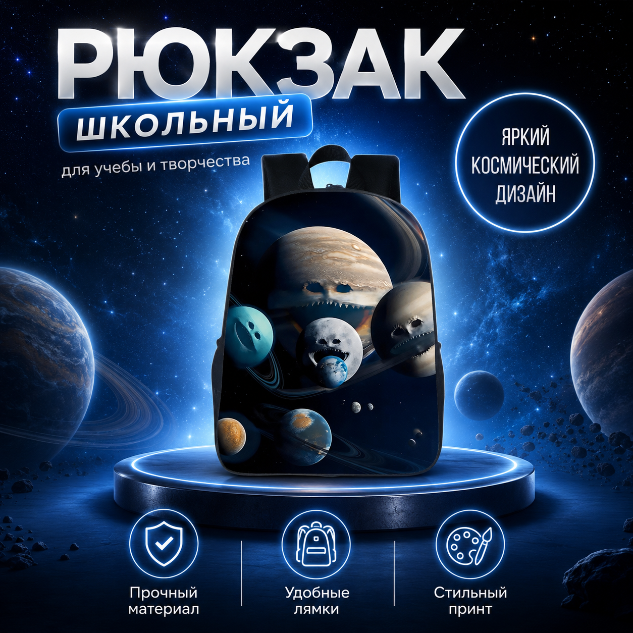 Рюкзак школьный, с космическим дизайном, чёрный, 40 см х 27 см х 13 см