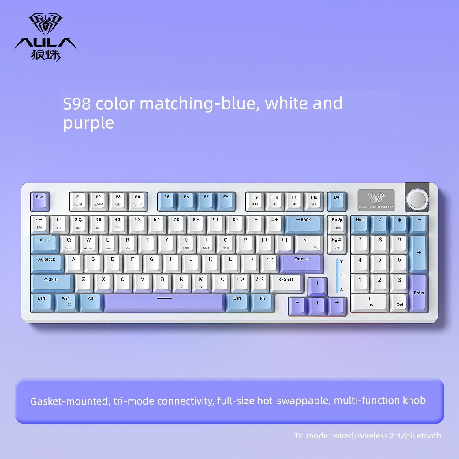 Механический клавиатурно-мышиный комплект с переключателями Cherry Blue, цвет Фиолетово-белый-синий,