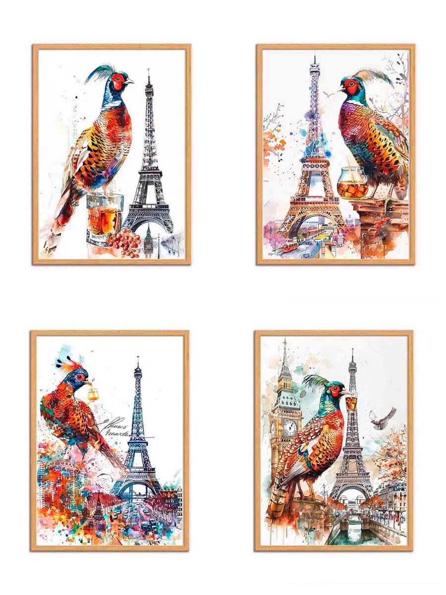 Птица фазан Пьет Виски, 4 Плаката, 30x21см