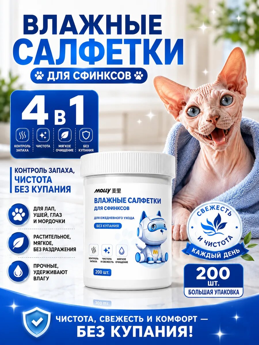 Салфетки для кошек сфинкс для глаз и ушей