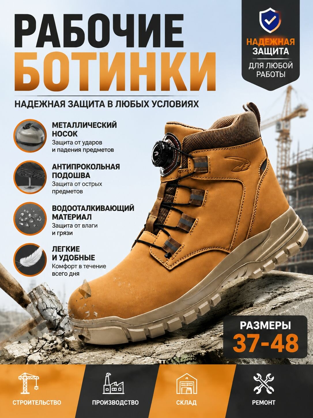 Ботинки рабочие мужские с металлическим носком и антипрокольной подошвой, защитная обувь для строительства и склада, легкие полуботинки из искусственной кожи с водоотталкивающим покрытием