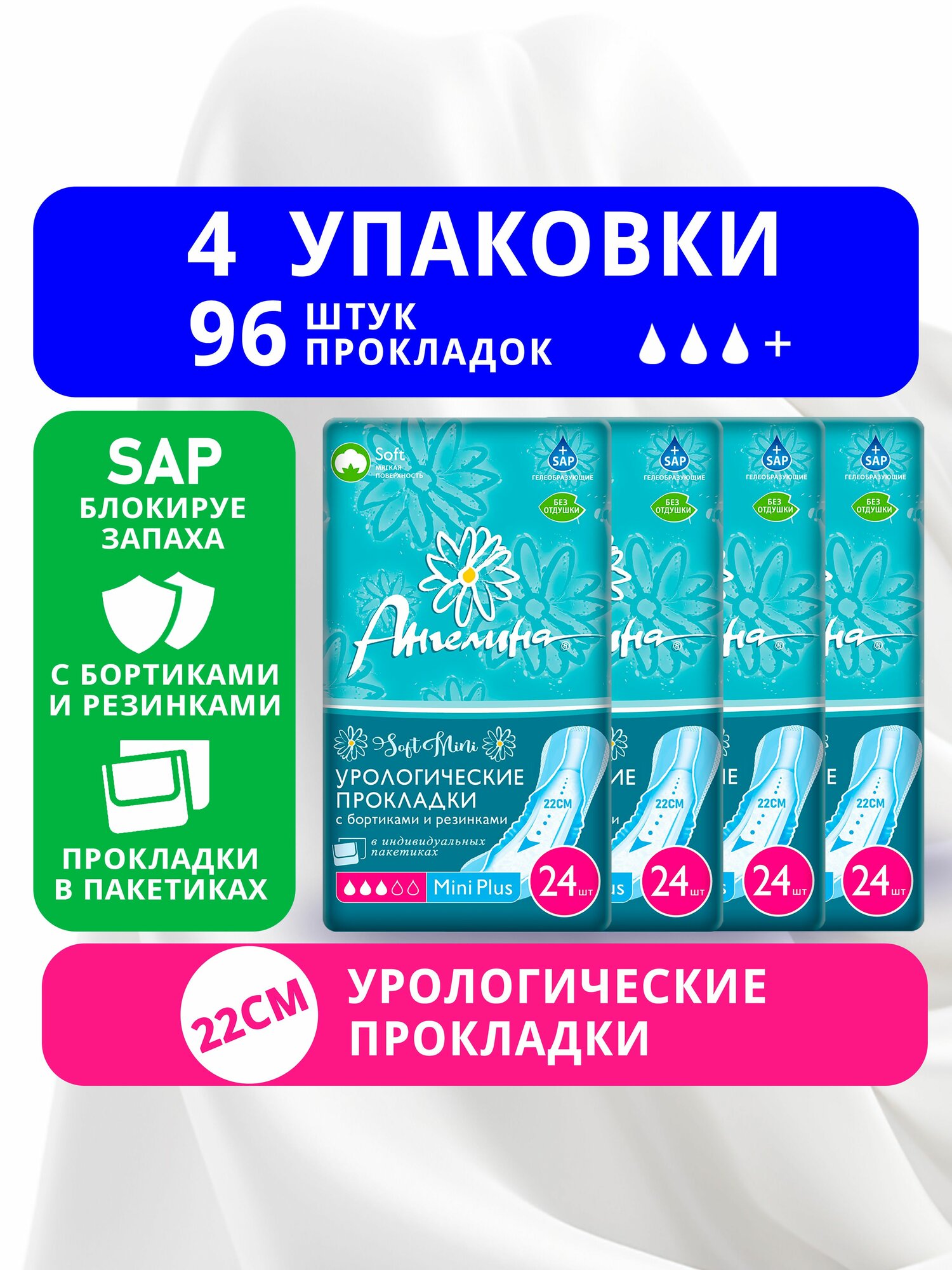 Прокладки урологические 96 шт Ангелина мини плюс / mini plus (бортик-резинка) 24шт х 4уп