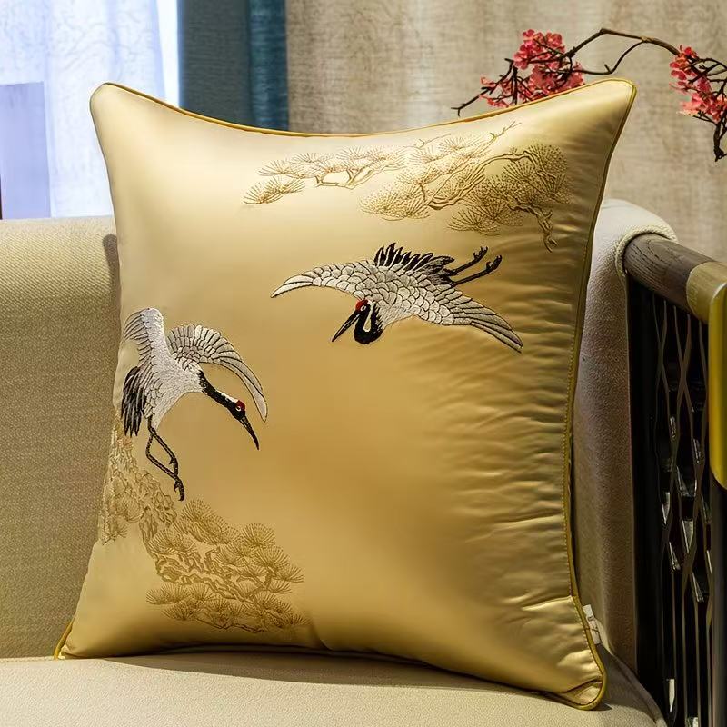 Новый китайский стиль，Чехол для подушки с вышивкой журавль 45x45cm Pillowcase, шампань