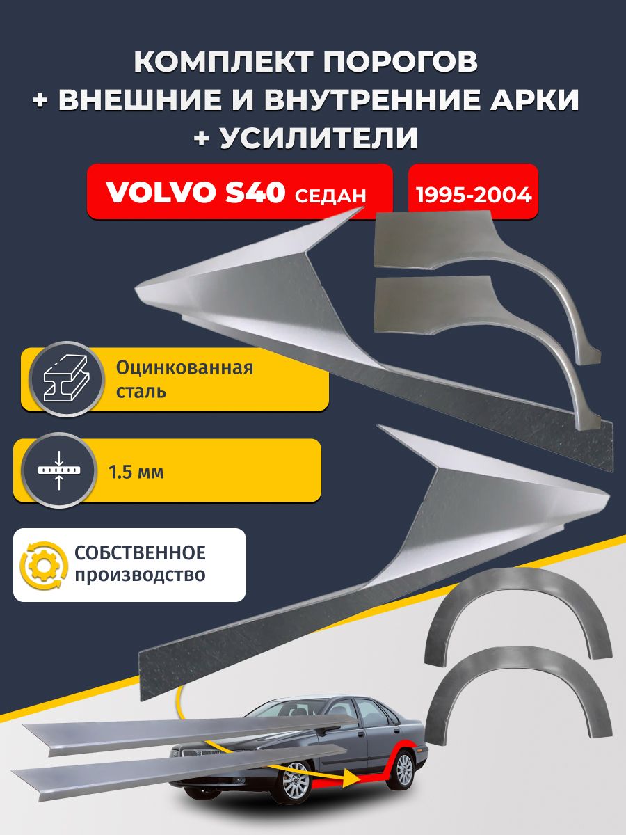 Комплект ремонтных задних внешних и внутренних арок (0,8 мм) + комплект порогов + усилители, на Volvo S40 1995-2004 седан (Вольво ЭС40 1) Оцинкованная сталь 1.5 мм