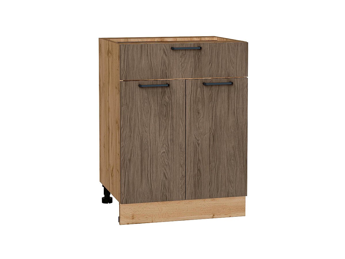 Шкаф нижний с 2-мя дверцами и ящиком Флэт, цвет фасада Brown Casella Oak 2S, цвет каркаса Дуб Вотан, 816*600*478 (В*Ш*Г) мм
