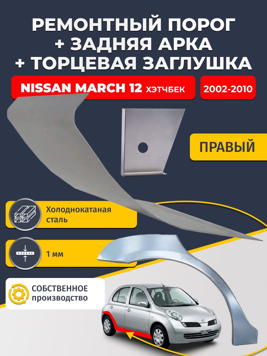 Правая задняя ремонтная арка (0,8 мм) и правый стандартный ремонтный порог (1 мм) + торцевая заглушка (1 мм) на Nissan March K12 2002-2010 хэтчбек 5 дв (Марч 3). Холоднокатаная сталь
