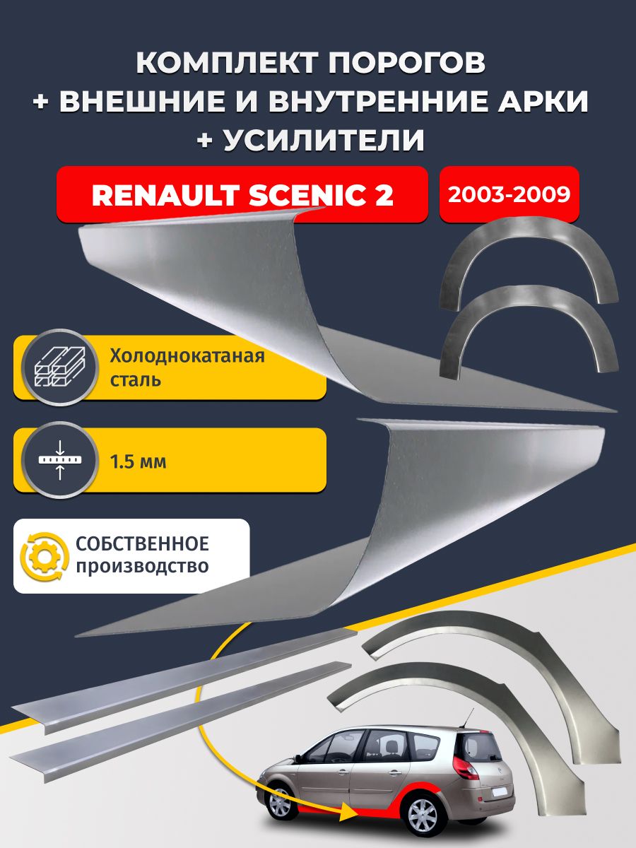 Комплект ремонтных задних внешних и внутренних арок (0,8 мм) + комплект порогов + усилители, на Renault Scenic 2 2003-2009 (Рено Сценик 2) Холоднокатаная сталь 1.5 мм