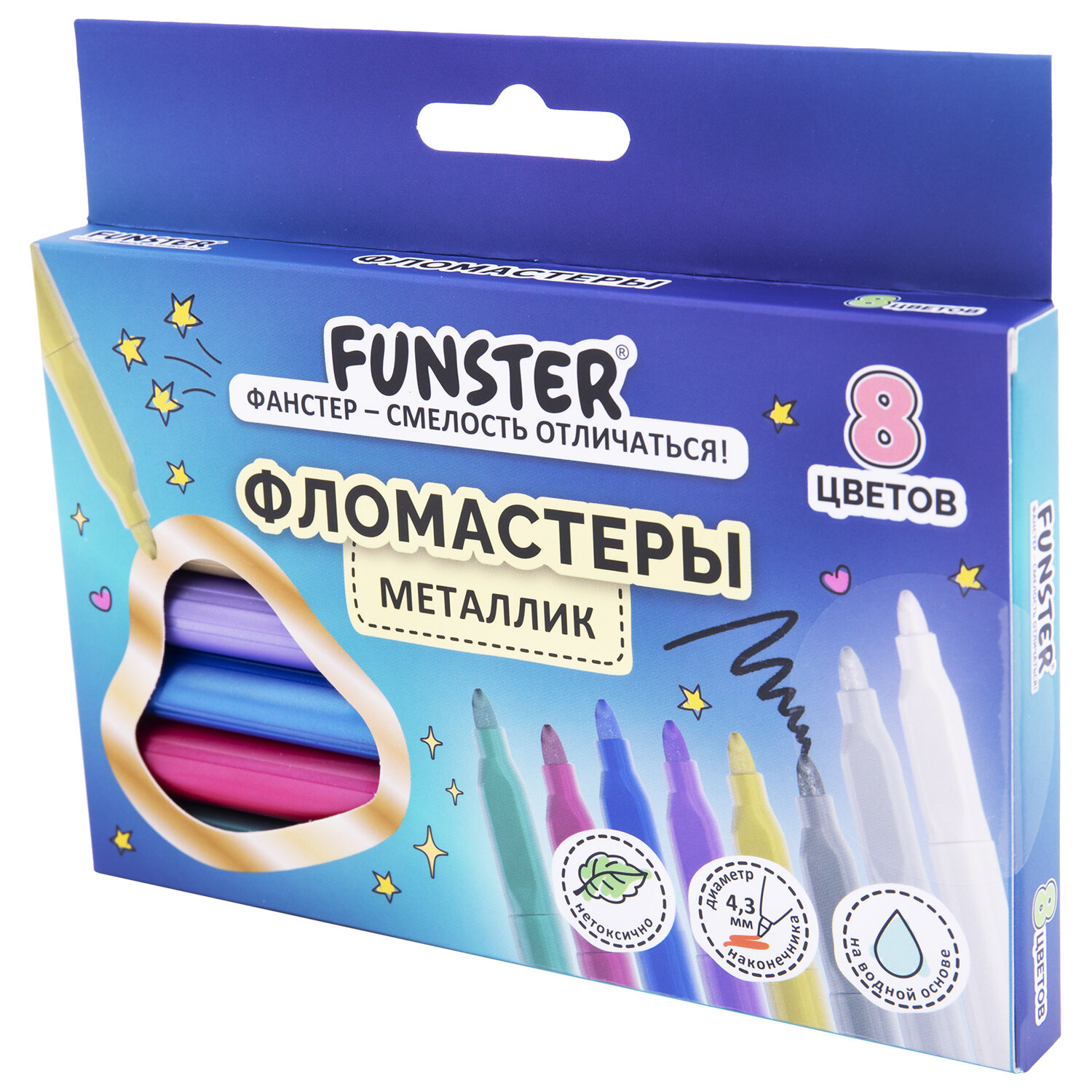 Упаковка 4 шт. Фломастеры FUNSTER (фанстер) "METALLIC" 8 цветов металлик, ударопрочный наконечник, 152630