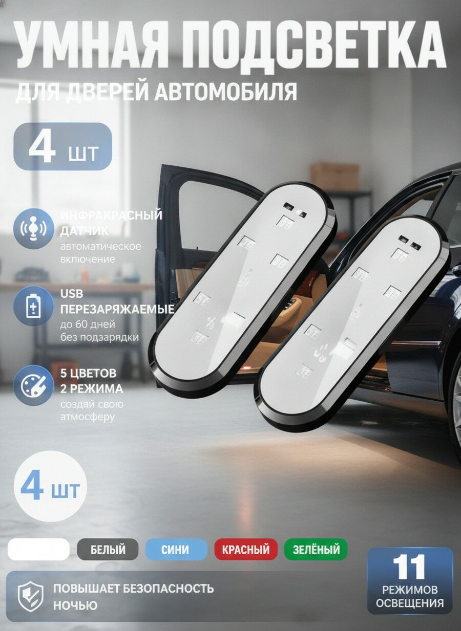 Светодиодный дверной свет для автомобиля с ИК-датчиком, 4 шт, Магнитное крепление, USB перезарядка, Белый цвет