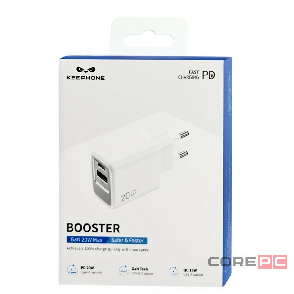 Сетевое зар. устр. Keephone Booster 1USB+1C Gan 20W белое