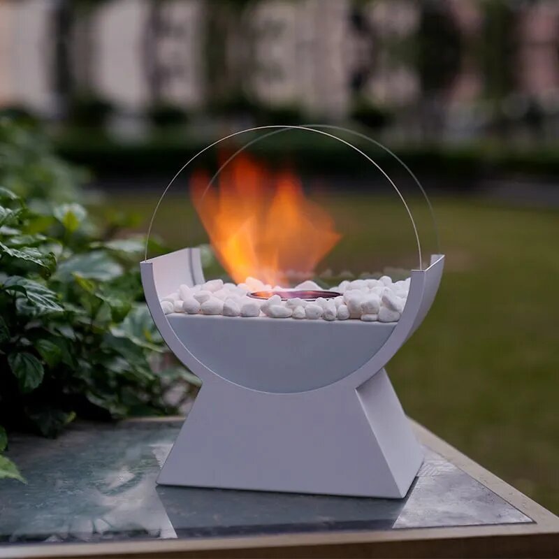 Камин для дома и улицы, круглое стекло уникального дизайна, с великолепным пламенем, белый
