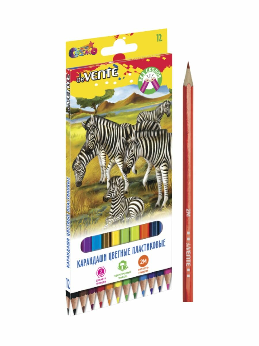 Карандаши цветные 12 цветов deVente Животный мир 2М, шестигранные, заточенные, пластиковые