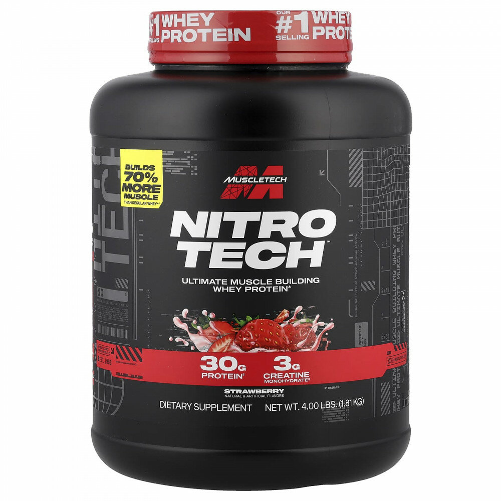 MuscleTech, серия Performance, Nitro Tech, основной источник сывороточных пептидов и изолятов, клубничный вкус, 1,81 кг (4 фунта)
