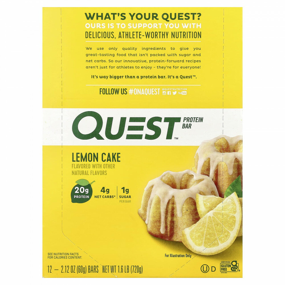 Quest Nutrition, протеиновый батончик, вкус лимонного пирога, 12 батончиков, 60 г (2,12 унции) каждый