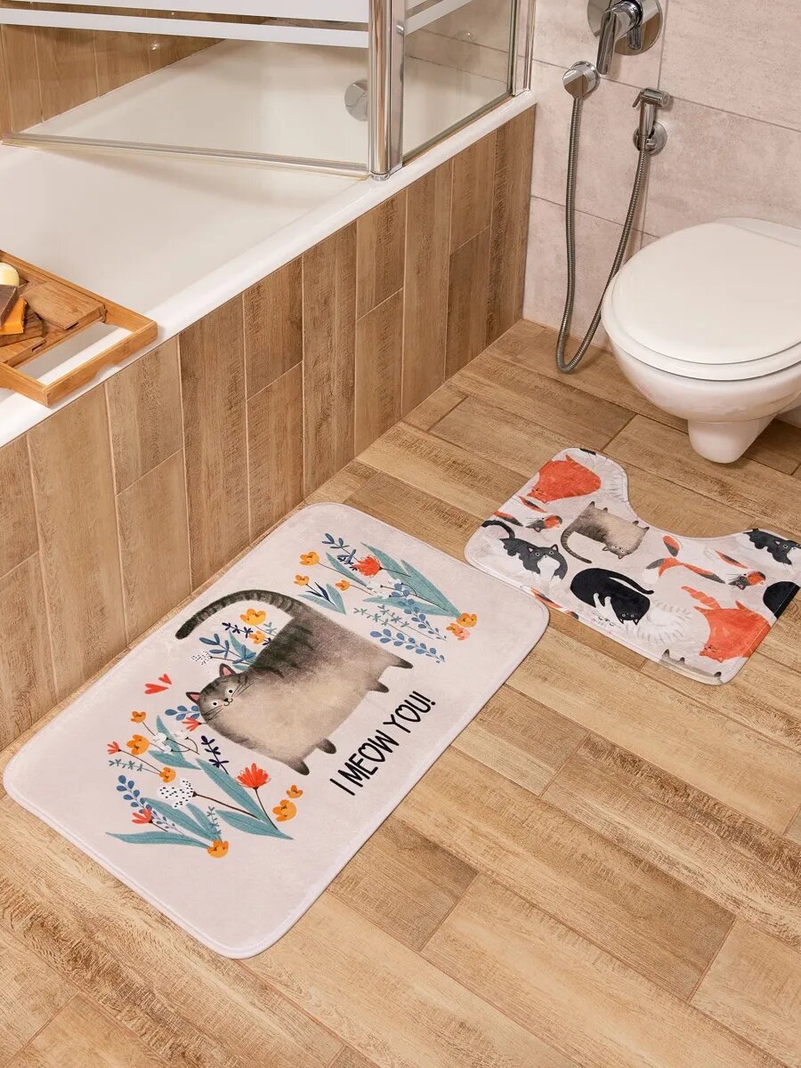 Набор ковриков для ванной Этель "Котики" 2 шт, 80х50 см, 50х40 см, велюр
