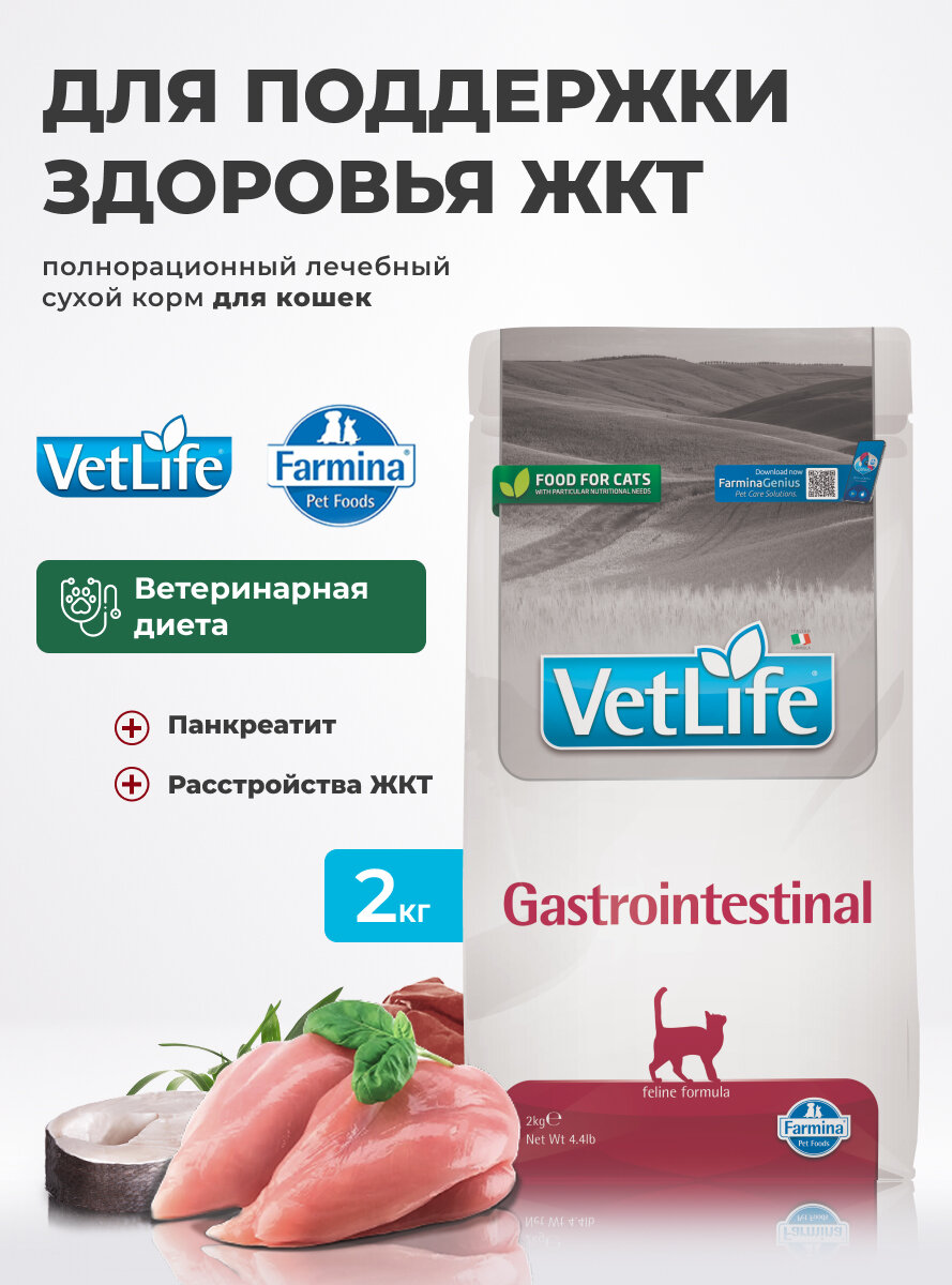 Сухой корм для кошек Farmina Gastrointestinal Vet Life, при проблемах с ЖКТ, 2 кг