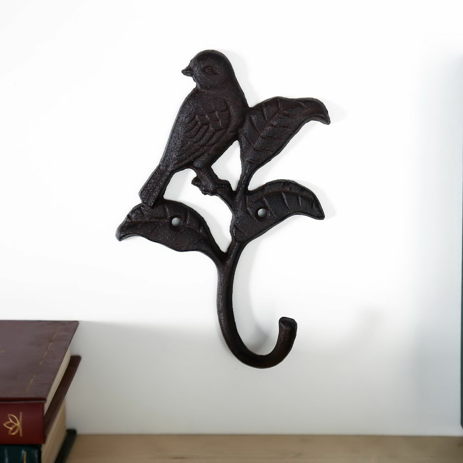 Настенный крючок декоративный "Птица и листья", чугун, 18x12x4 см