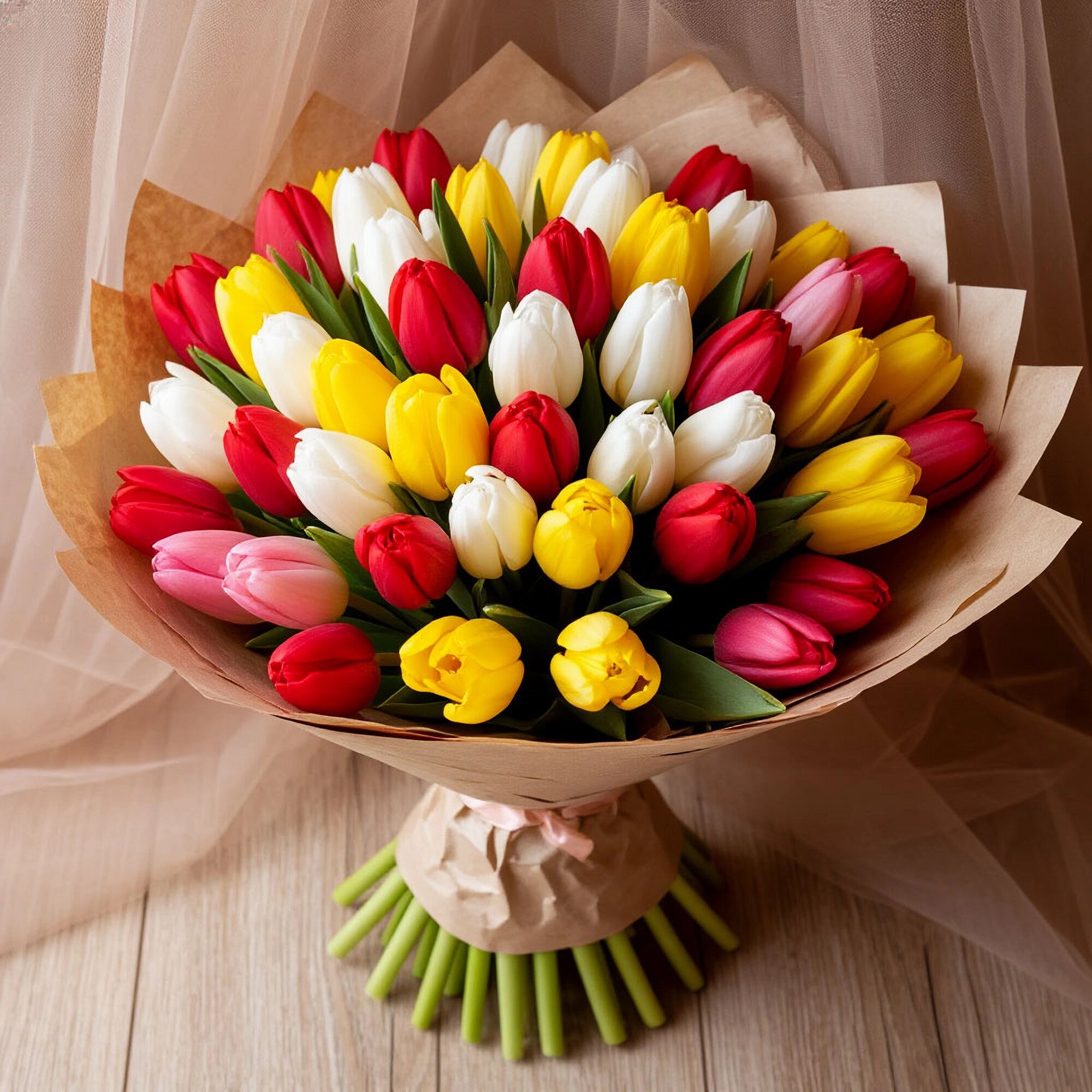 Букет из разноцветных тюльпанов 51 шт, красивый букет цветов, шикарный, премиум цветы, премиум букет