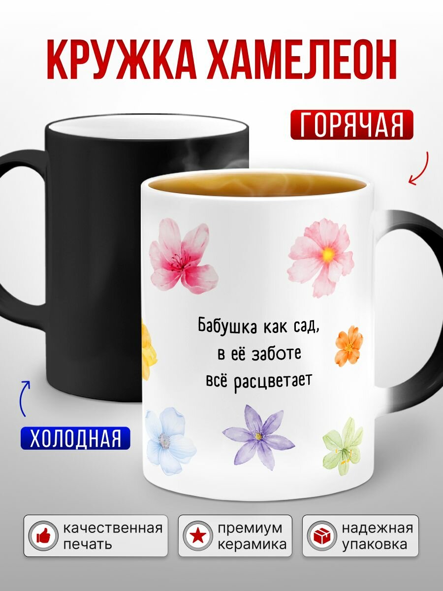 Кружка хамелеон подарок бабушке "Бабушка как сад, в её заботе всё расцветает", 330 мл, 1 шт.