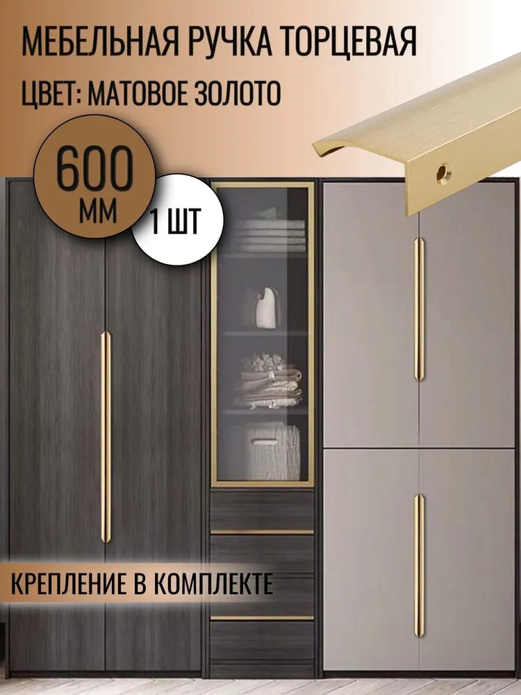 Ручка мебельная торцевая профильная золотого цвета для шкафов и комодов