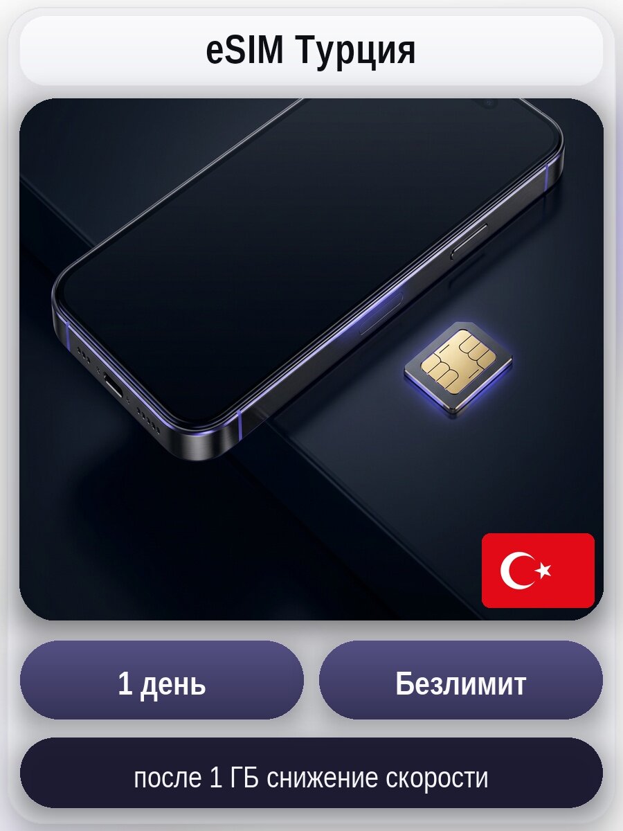 ESIM карта для Турции, неограниченный интернет (скорость снижается после 1 ГБ), активация на 1 день