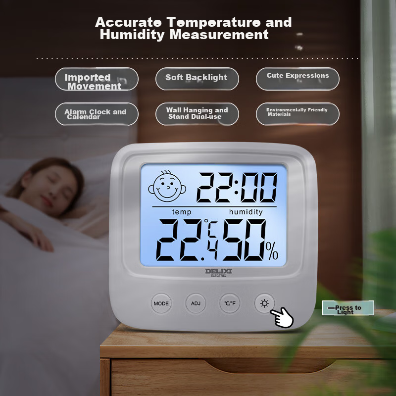 DELIXI Home Indoor Thermometer with Smiley Face Backlight, Baby Room Electronic Digital Temperature And Humidity Meter, Temperature Gauge DM-1002