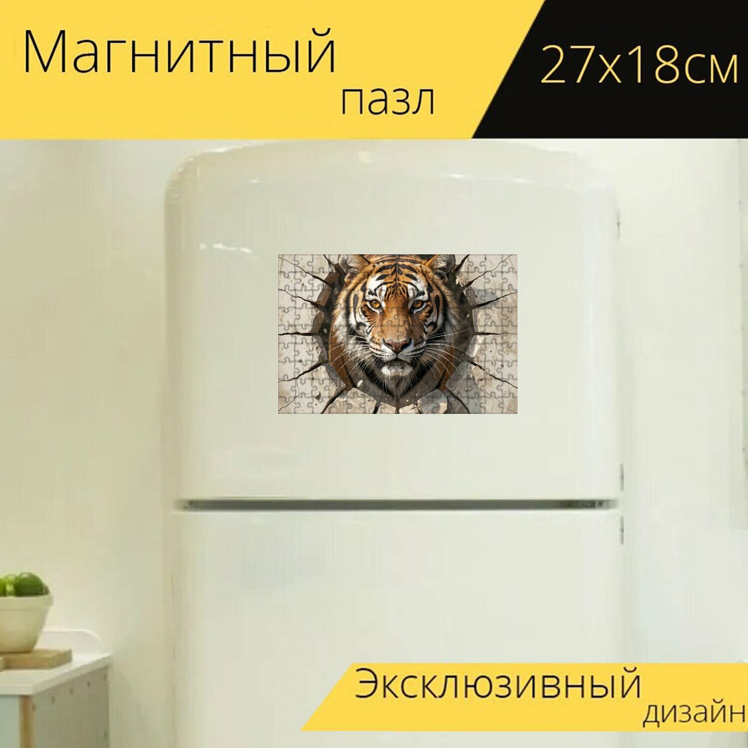 Магнитный пазл "Тигр сквозь треснувшую стену. Реалистичный крупный хищник, пробивающийся через растрескавшуюся каменную поверхность; оранжево-черные." на холодильник 27 x 18 см.