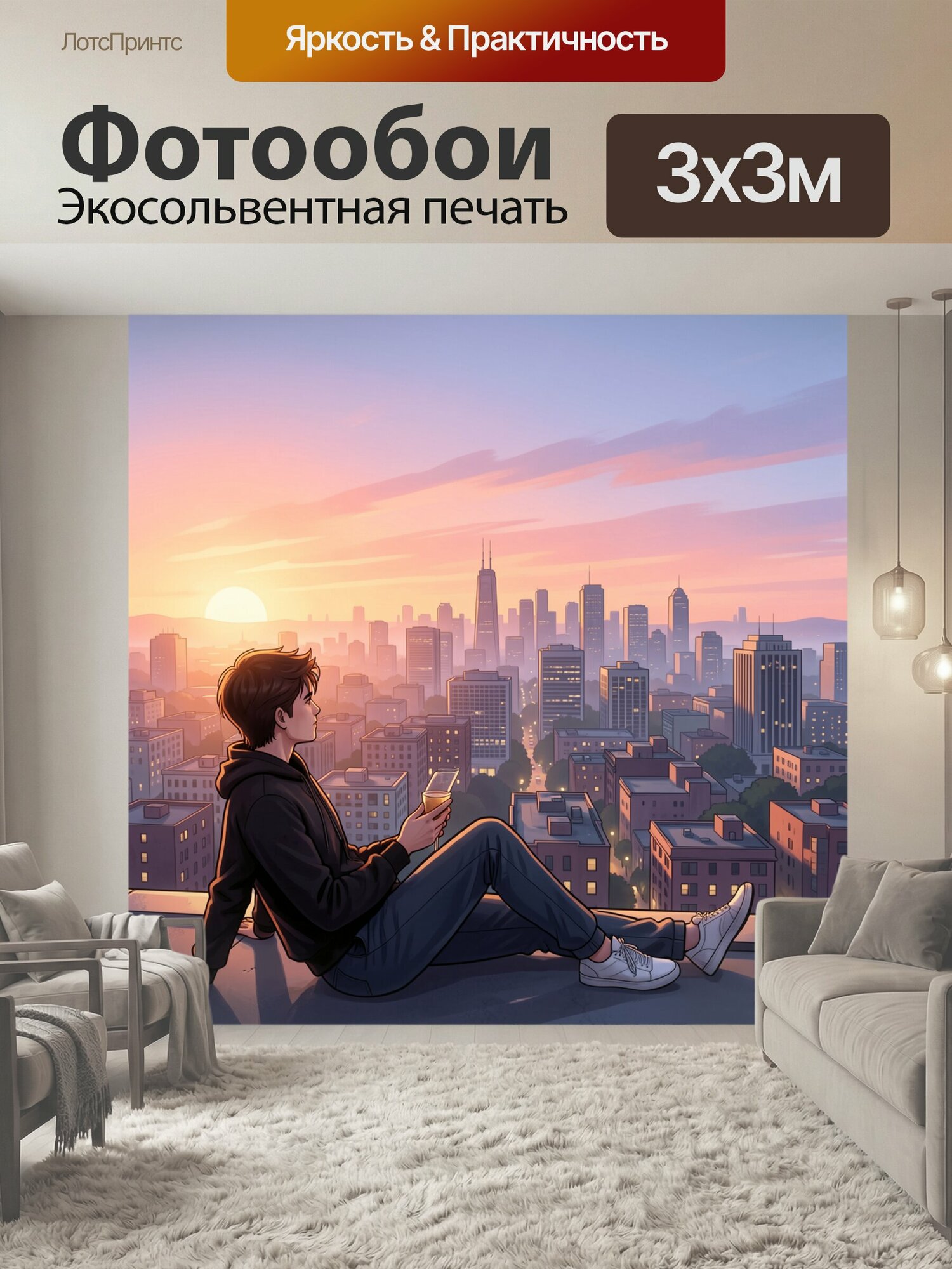 Фотообои "Юноша на крыше с видом на город. Аниме-иллюстрация: молодой человек на высотке с напитком любуется панорамой мегаполиса на закате." 300x300 см. экосольвентная печать
