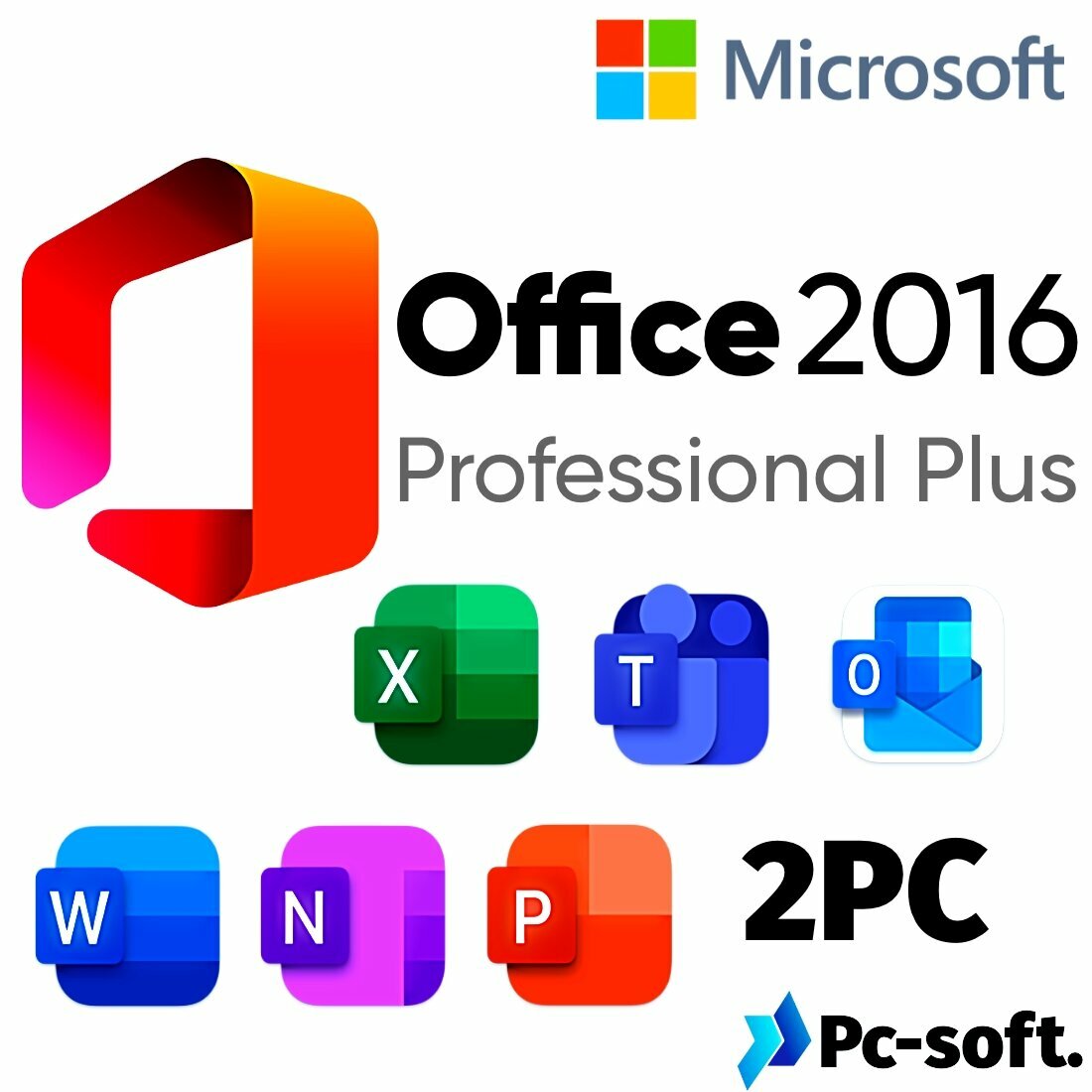 Microsoft Office 2016 Pro Plus, ключ активации на 2 ПК, по 1 активации, русская и английская версия