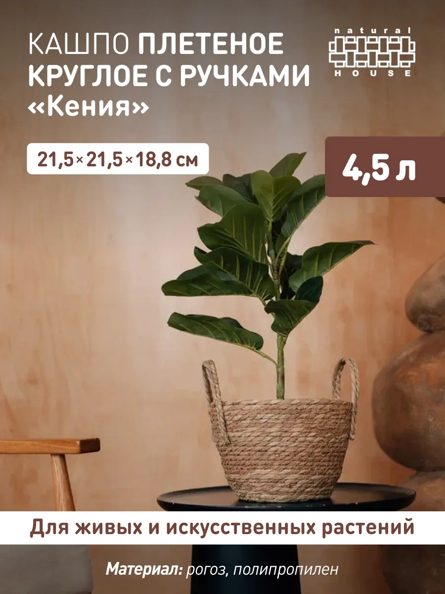 Кашпо для цветов круглое с ручками Кения Natural House, 4,5 л / Плетеное кашпо напольное / цвет: натуральный