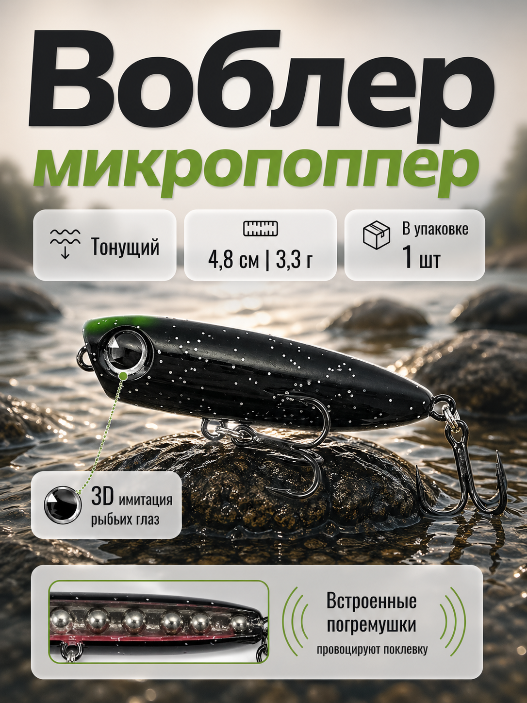 Воблер микропоппер, тонущая приманка, с погремушками и тройными крючками 4,8 см/3,3 г, черная