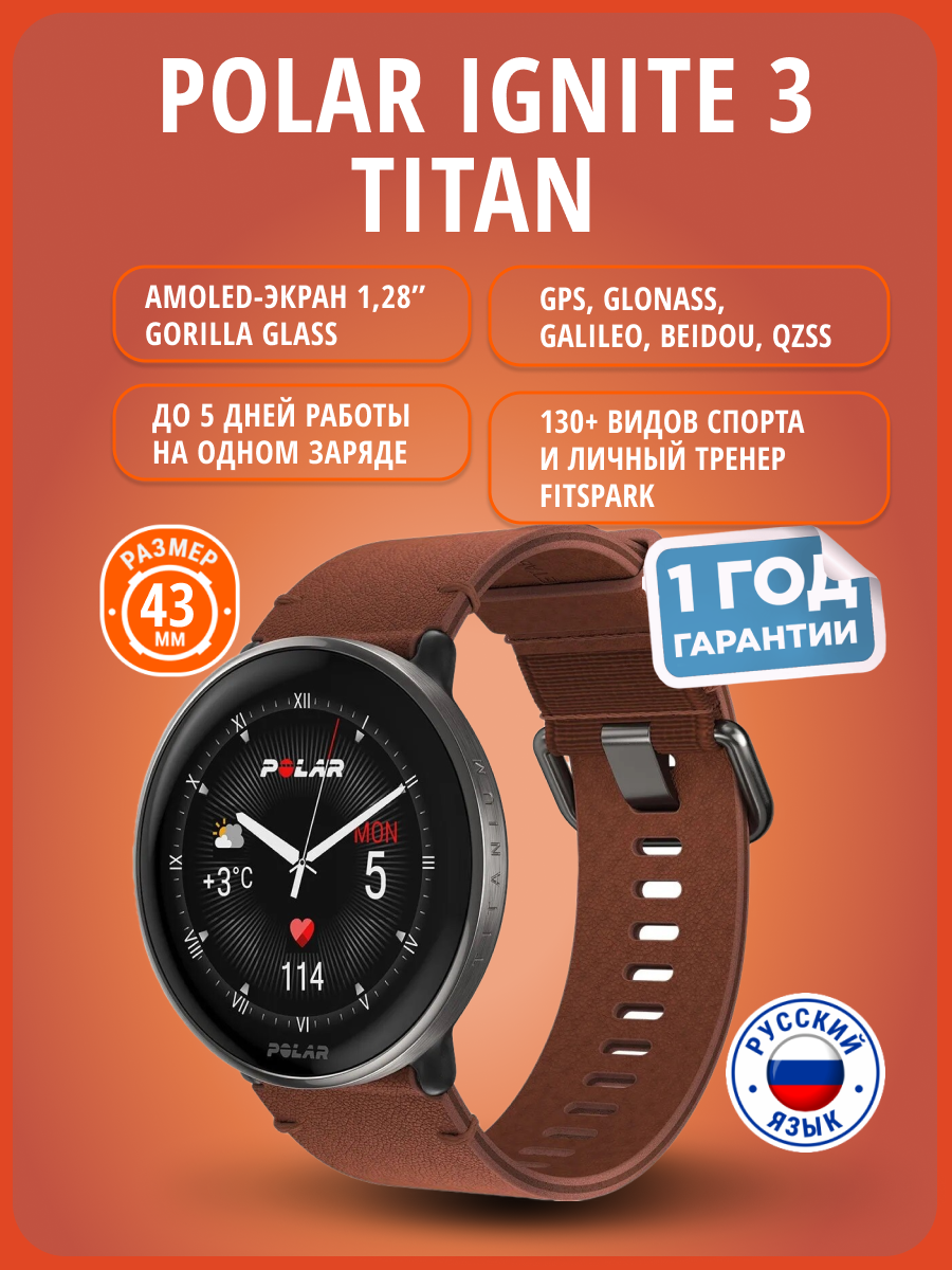 Смарт-часы Polar Ignite 3 Titanium, 43mm, Brown
