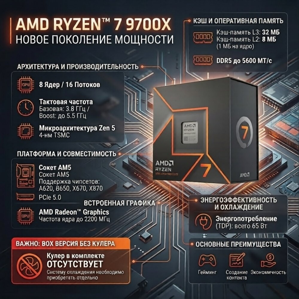 Процессор AMD Ryzen 7 9700X BOX без кулера, 8 ядер, 16 потоков, 3.8-5.5 GHz, 4hm технологии/65W