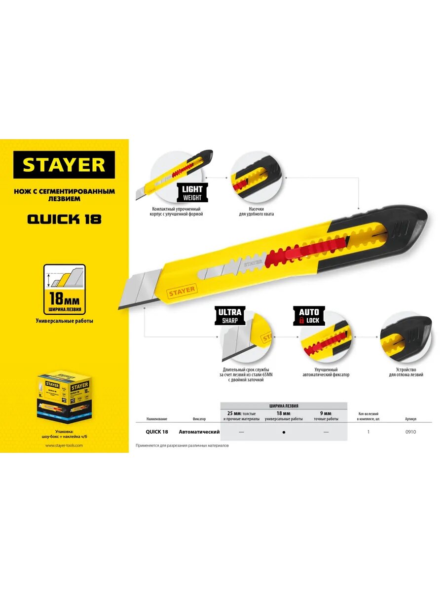 STAYER QUICK-18, 18 мм, нож из АБС пластика (0910)