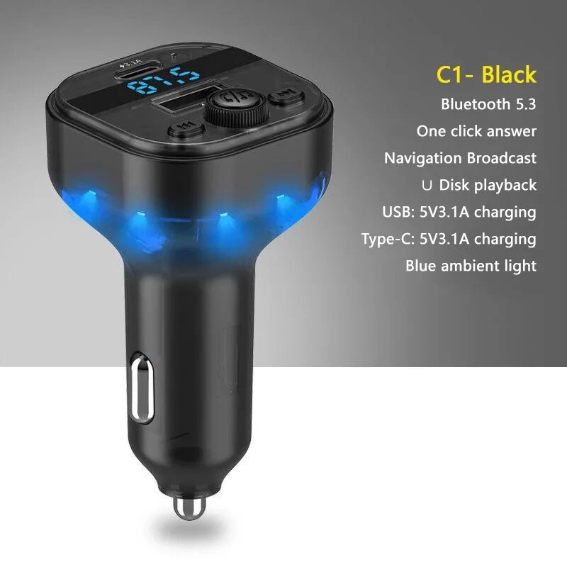 Автомобильный FM-трансмиттер C1 Black Bluetooth 5.3 с зарядкой USB 5V/3.1A и Type-C 5V/3.1