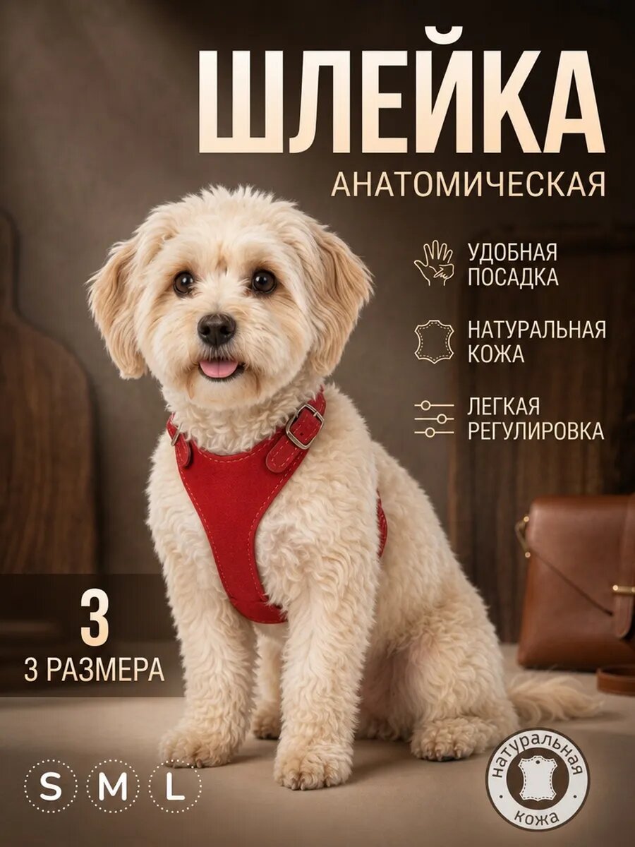 Шлейка для собак и кошек до 6кг из натуральной замши цвет Красный размер S